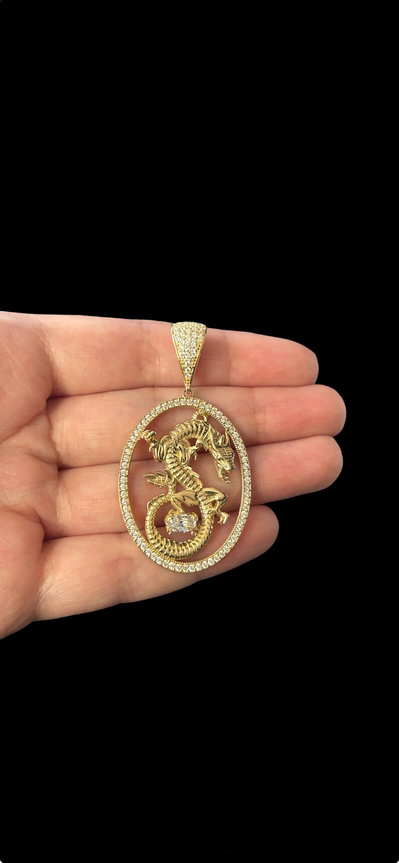 10k Real Gold Dragon Pendant Charm, Mens Gold Pave Chinese Dragon ...