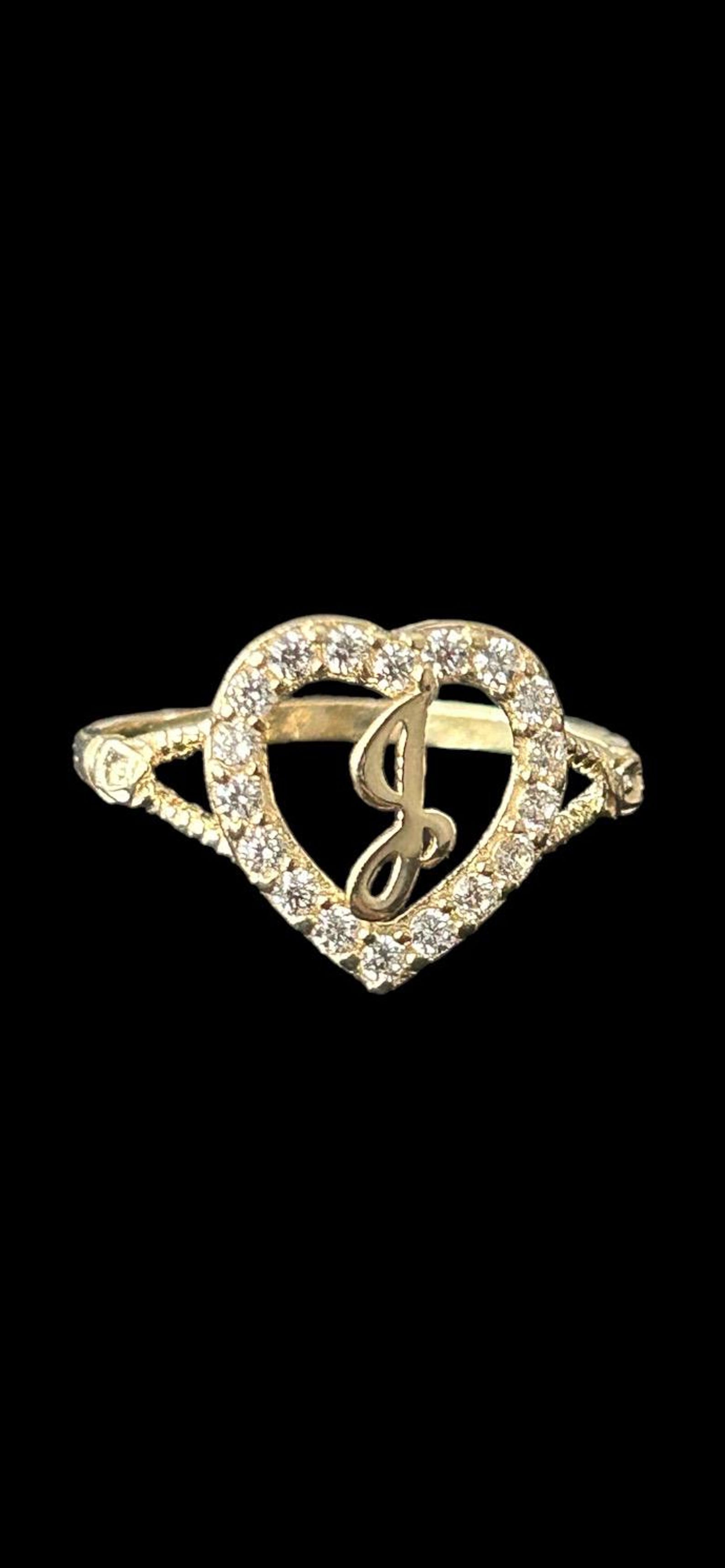 10k Gold Heart Inital Ring, Iced Out Personalized Letter Ring, Monogram ...