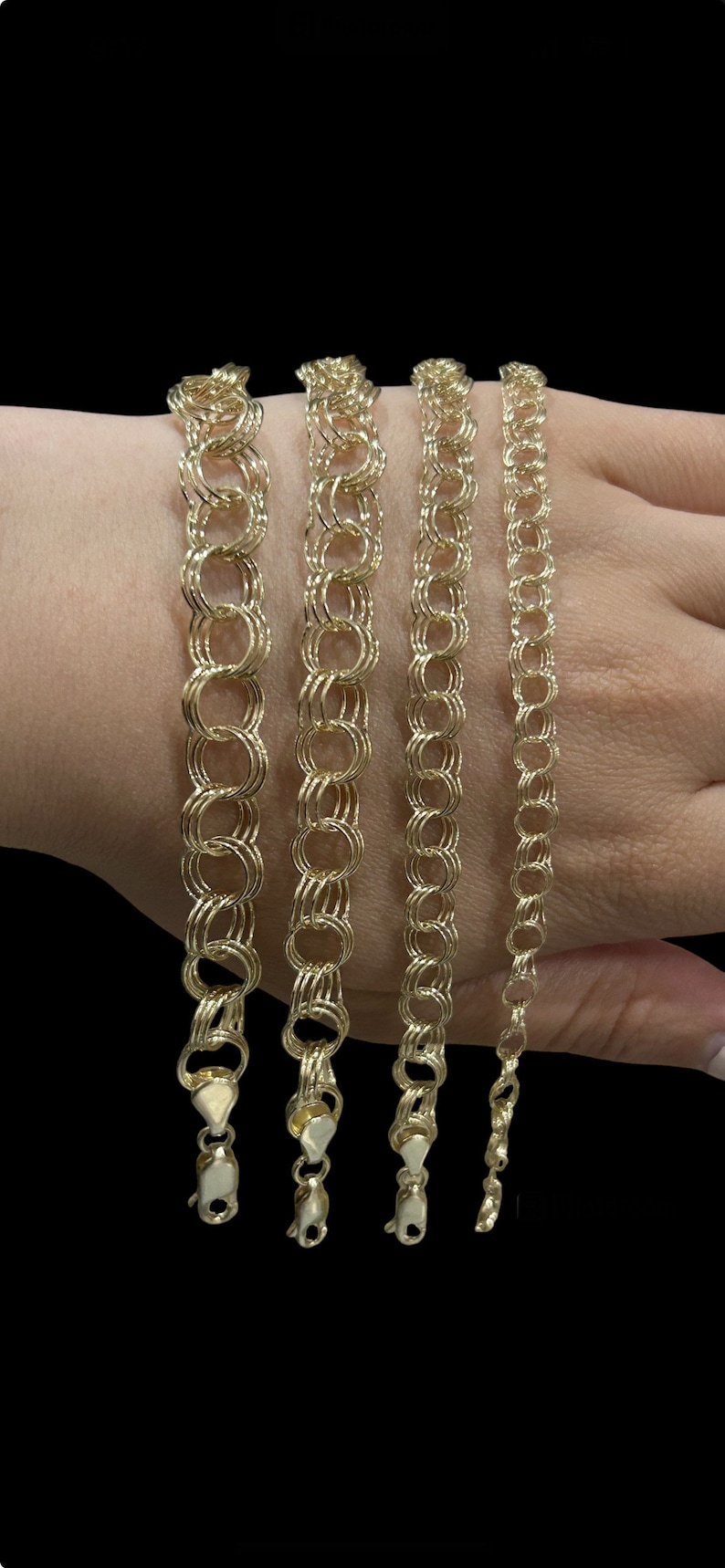 10k Real Gold Triple Link Charm Bracelets, Gold Rolo Chain Bracelets ...