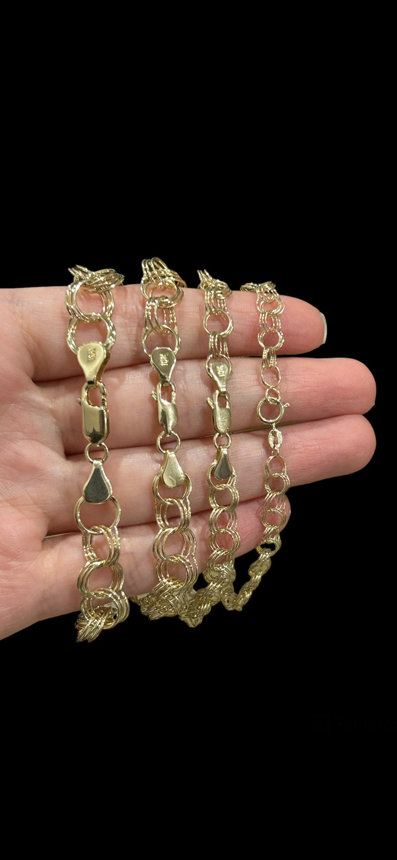 10k Real Gold Triple Link Charm Bracelets, Gold Rolo Chain Bracelets ...