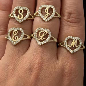 10k Gold Heart Inital Ring, Iced Out Personalized Letter Ring, Monogram ...