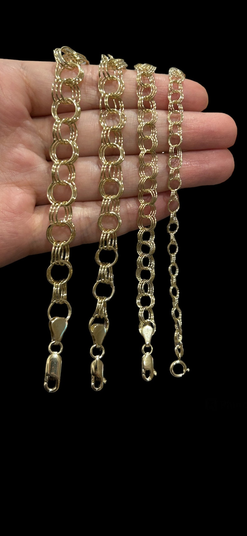 10k Real Gold Triple Link Charm Bracelets, Gold Rolo Chain Bracelets ...