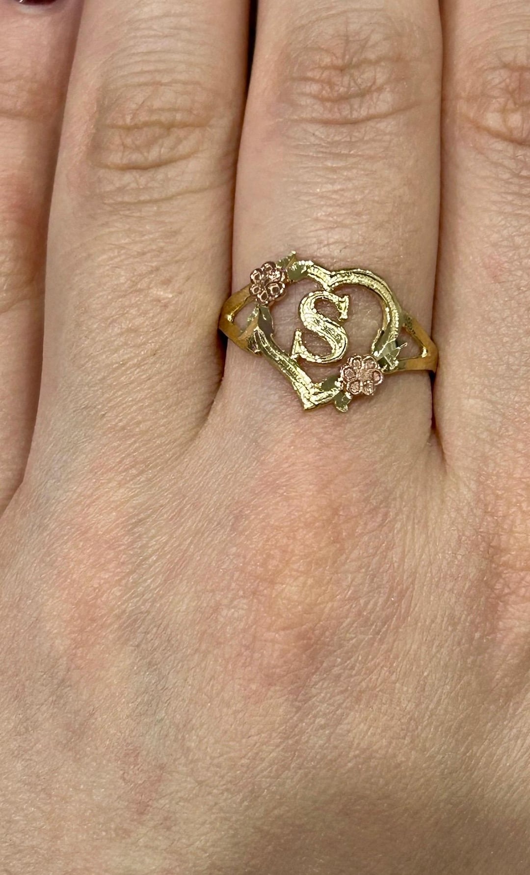 10k Gold Heart Inital Ring, Flower Personalized Letter Ring, Monogram ...