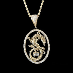 10k Real Gold Dragon Pendant Charm, Mens Gold Pave Chinese Dragon ...