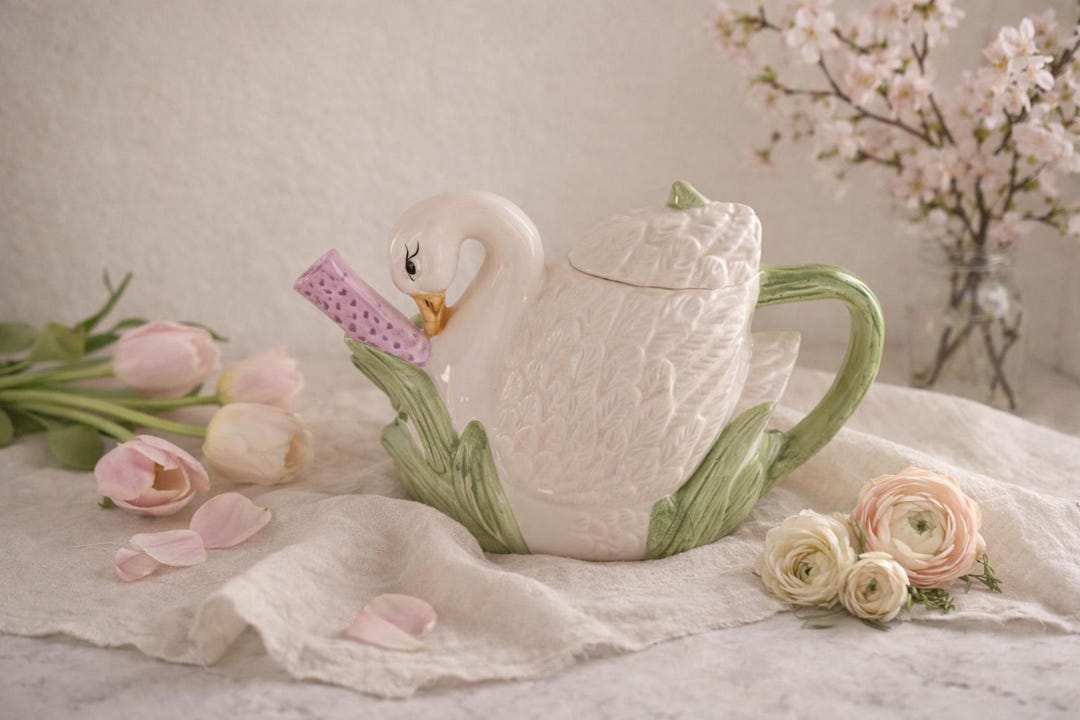 Vintage Ceramic Swan Teapot With Green Handle & Purple Spout - Etsy