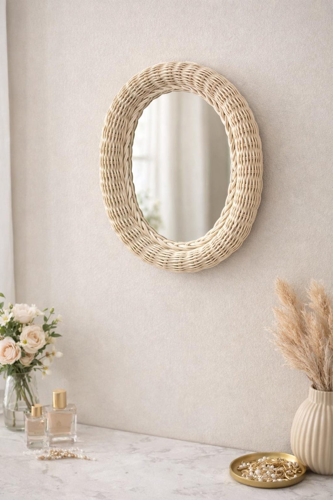 Vintage White Wicker Mirror Oval Rattan Weaved Hanging Mirror Cottage ...