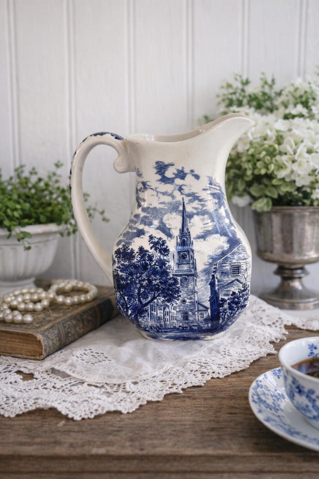 Liberty Blue Antique Transfer Ware Pitcher With Scenic Church Design ...