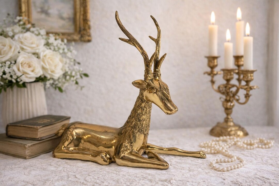 Vintage Brass Sitting Deer Figurine With Intricate Detailing Gold ...