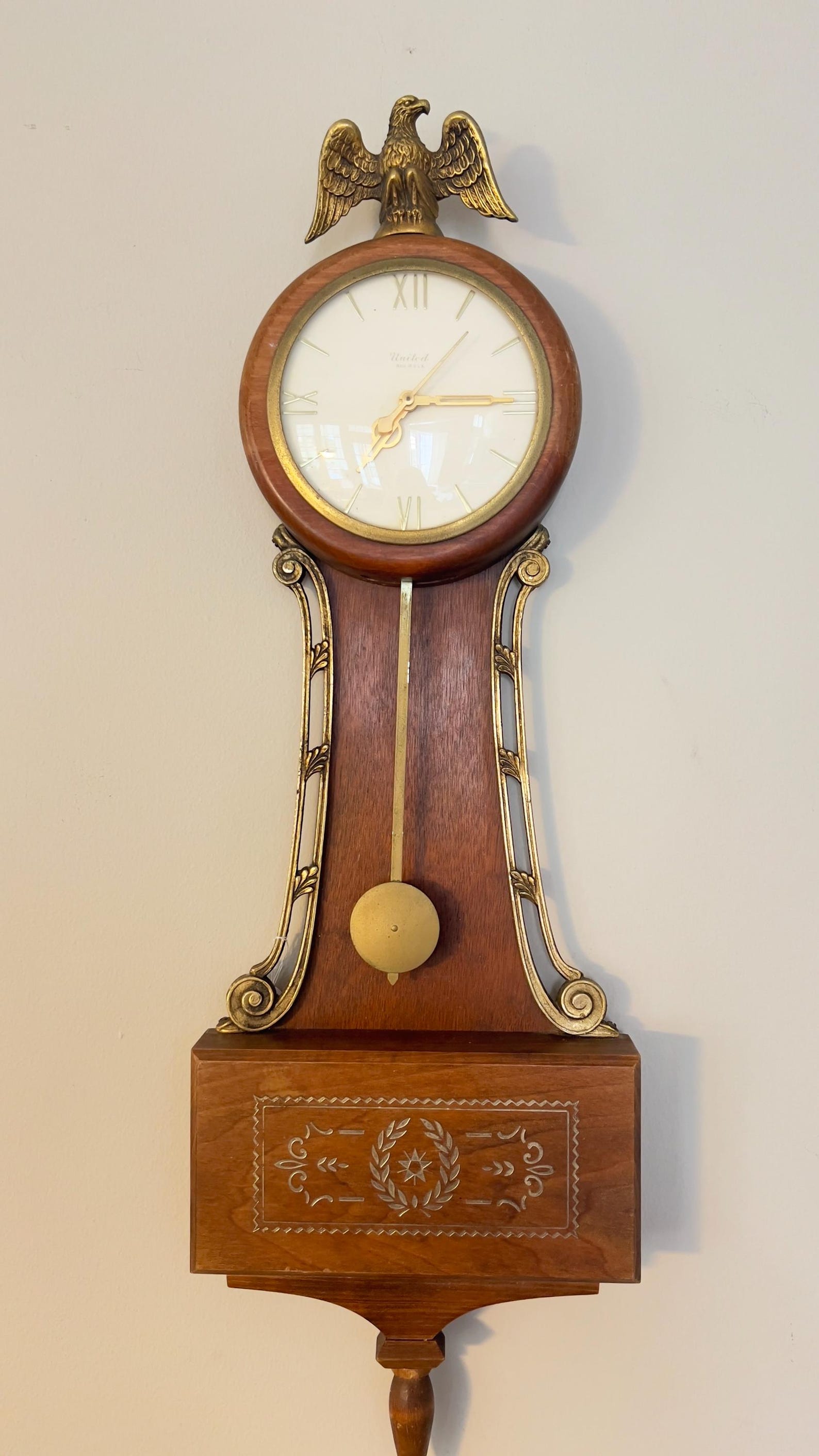 Vintage United Wall Clock: Brass Eagle Accent, Swinging Pendulum - Etsy