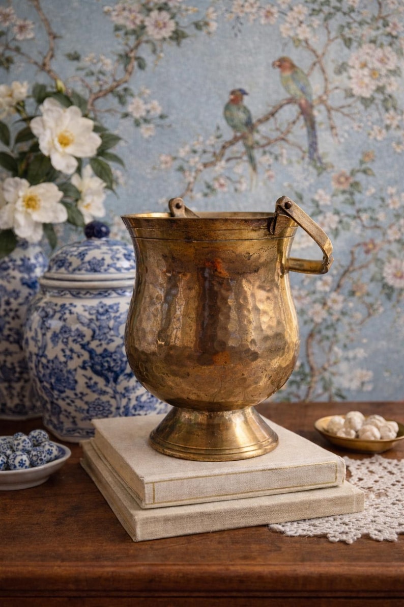 Vintage Hammered Brass Urn Style Bucket Planter With Handle - Etsy