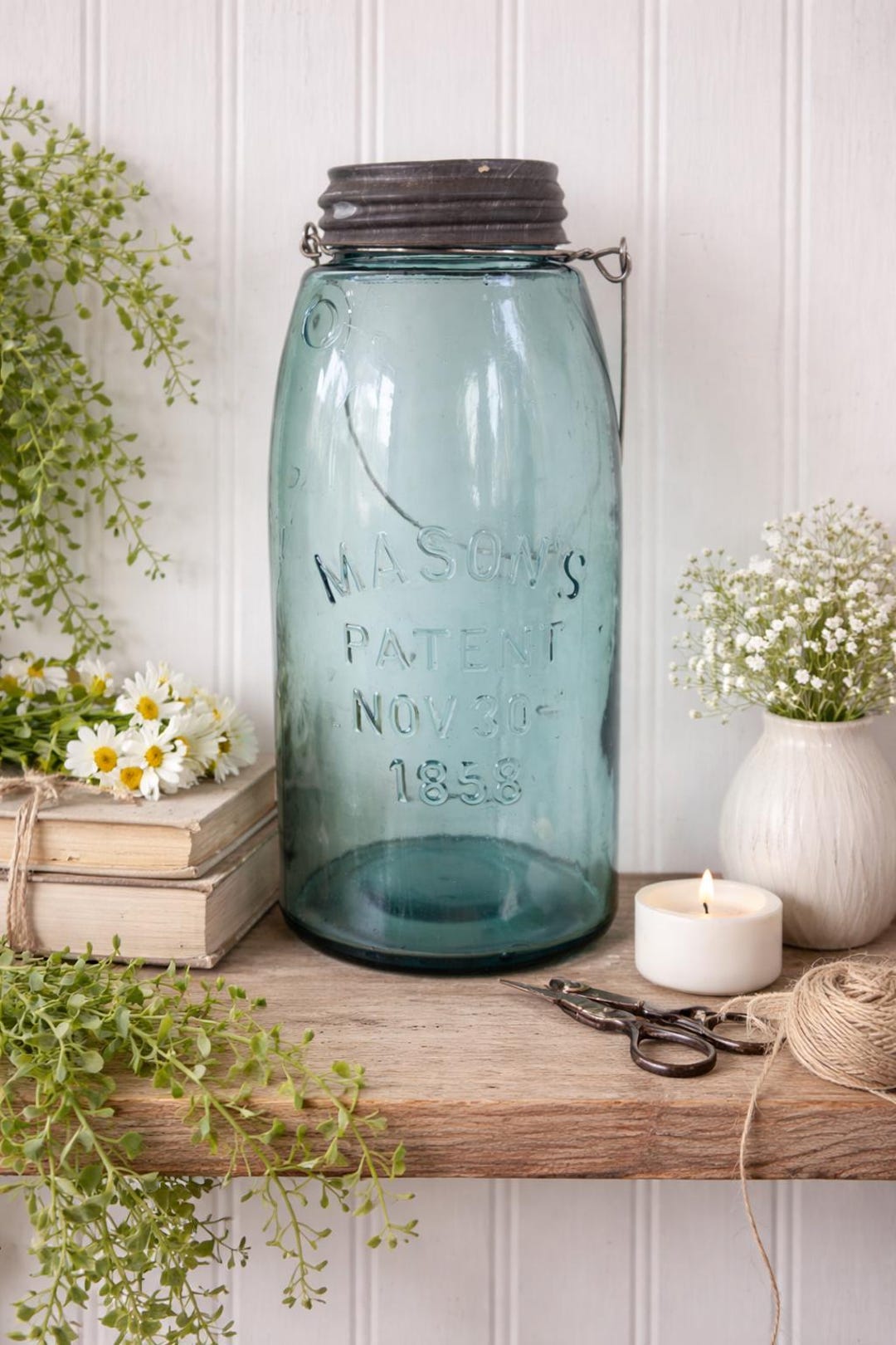 Antique Blue Mason Jar (patent Nov 30 1858), Wire Bail Lid, Vintage ...