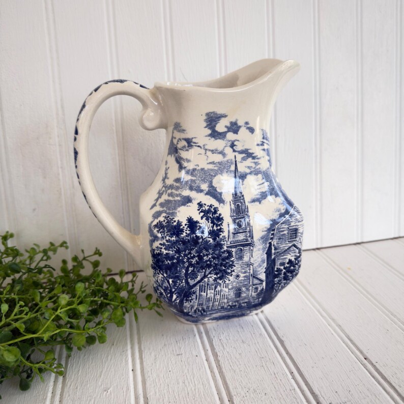 Liberty Blue Antique Transfer Ware Pitcher With Scenic Church Design ...