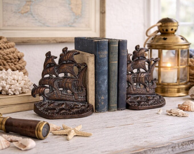 Sailing Ship Bookend Set, Vintage Chalkware Schooner Bookends, Nautical ...