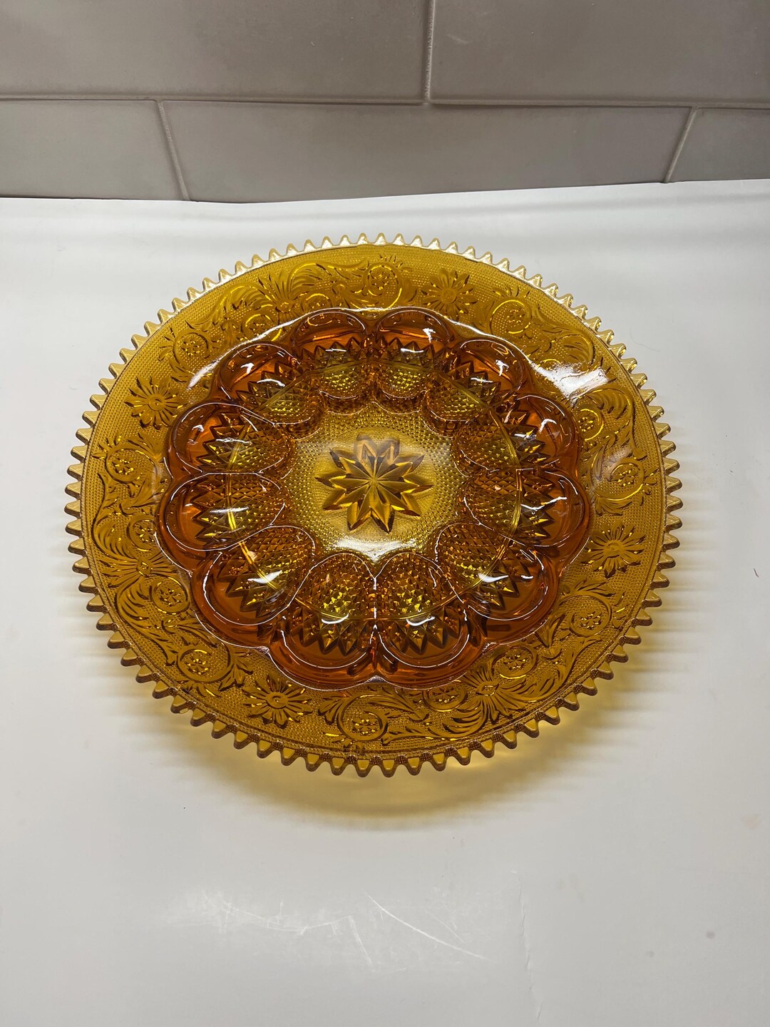 Vintage Indiana Tiara Amber Sandwich Glass Egg Plate Sawtooth Edge ...