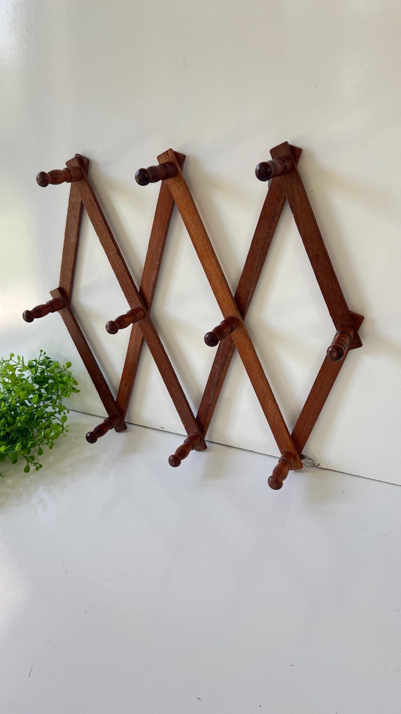 Vintage Wood 10 Peg Accordian Expandable Hanging Rack Shelf Mug Hat ...