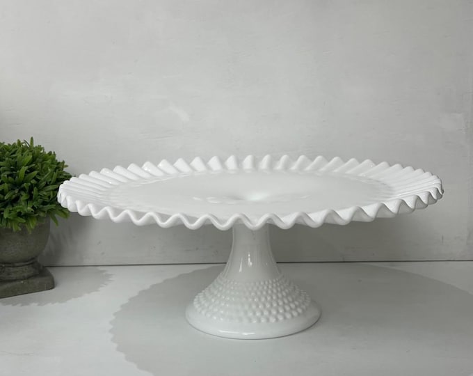 Fenton White Milk Glass Hobnail Pedestal Cake Stand With Ruffled Edge ...