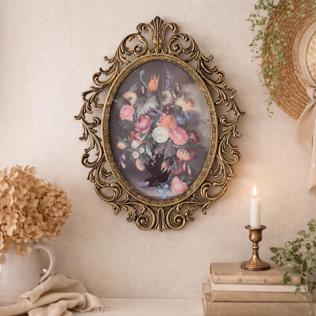 Vintage Brass Italy Oval Floral Still Life Convex Glass Wall Frame - Etsy
