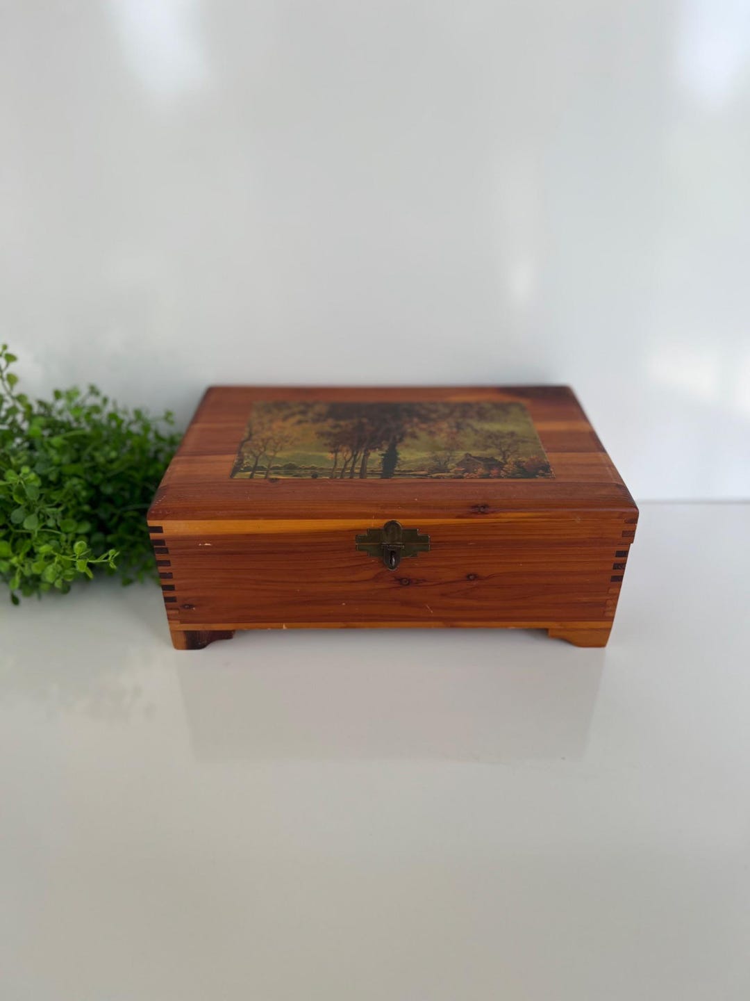 Vintage Wooden Cedar Keepsake Box With Scenic Forest Painting on Lid ...