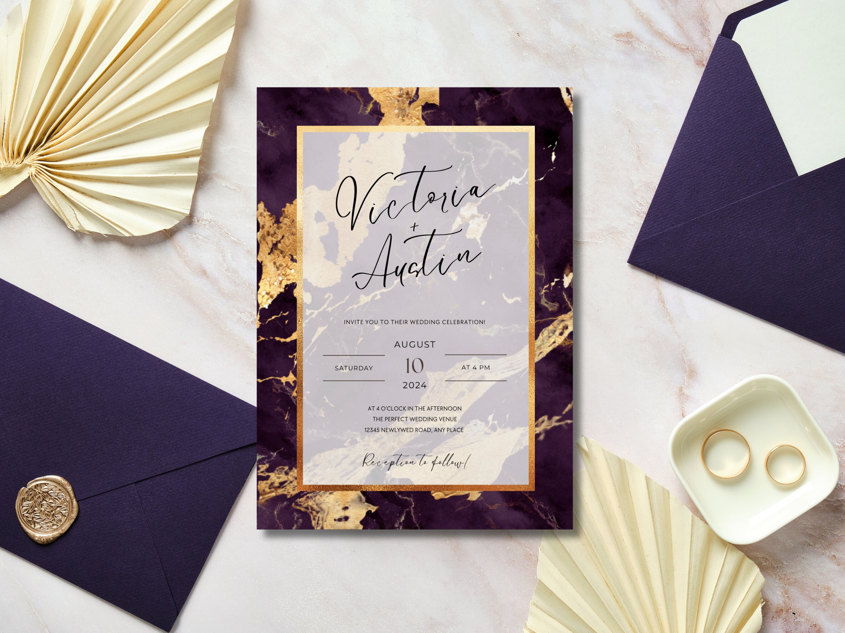 Purple and Gold Marble Wedding Invitation Royal Purple and Gold Foil ...