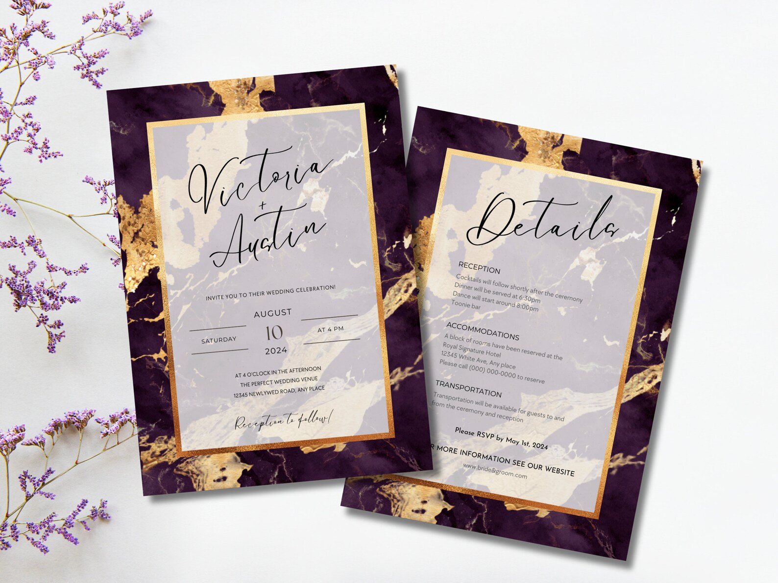 Purple and Gold Marble Wedding Invitation Royal Purple and Gold Foil ...