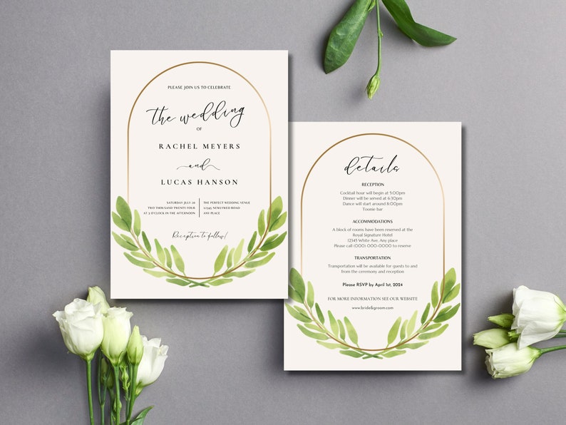 Elegant Champagne Wedding Invitation With Green and Gold Wedding Detail ...