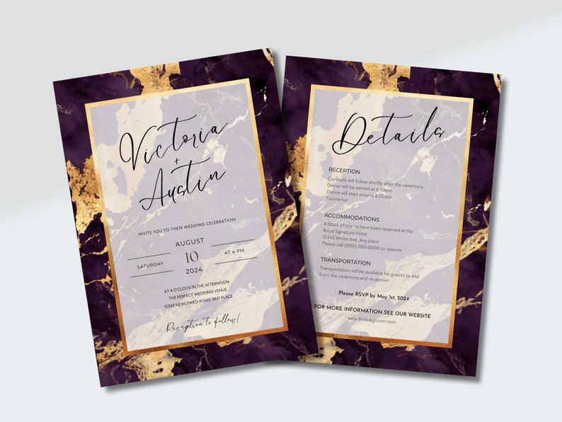 Purple and Gold Marble Wedding Invitation Royal Purple and Gold Foil ...