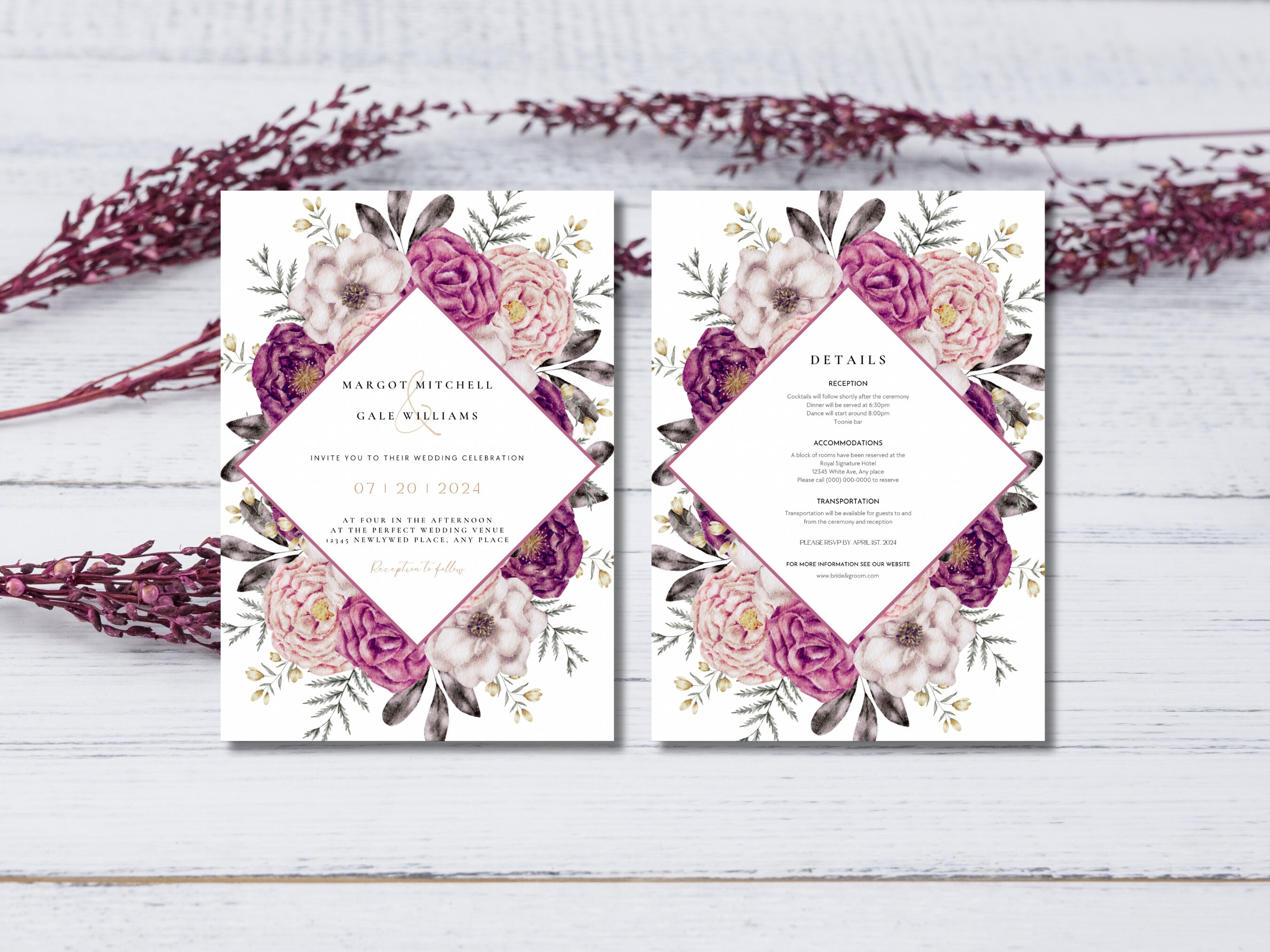 Mauve Wedding Invitation Canva Template Purple Wedding Invitation Elegant Garden Wedding ...