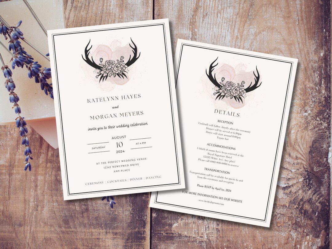 Rustic Antler Wedding Invitation Template Antler Floral Wedding Invitation Canva Boho Country ...