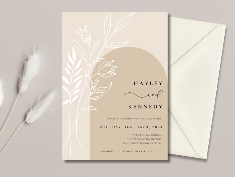 Beige Minimalist Wedding Invitation Suite Template Canva Boho Wedding ...