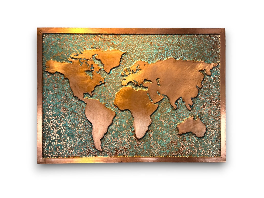 Handmade Copper World Map Wall Art | Patina Metal Decor - Etsy