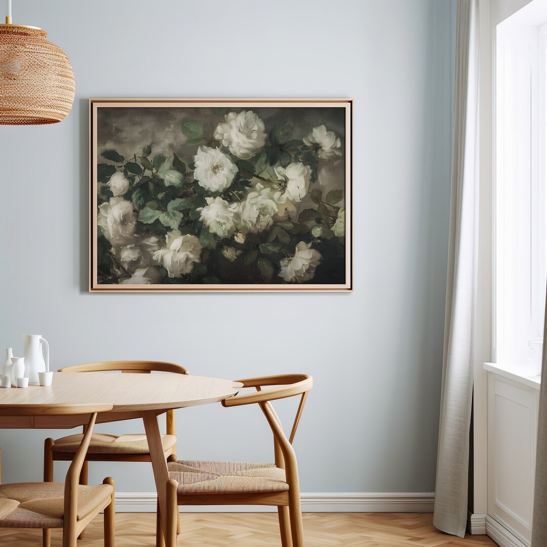 White Floral Still Life, Vintage Rose Oil Painting, Flower Art, White ...