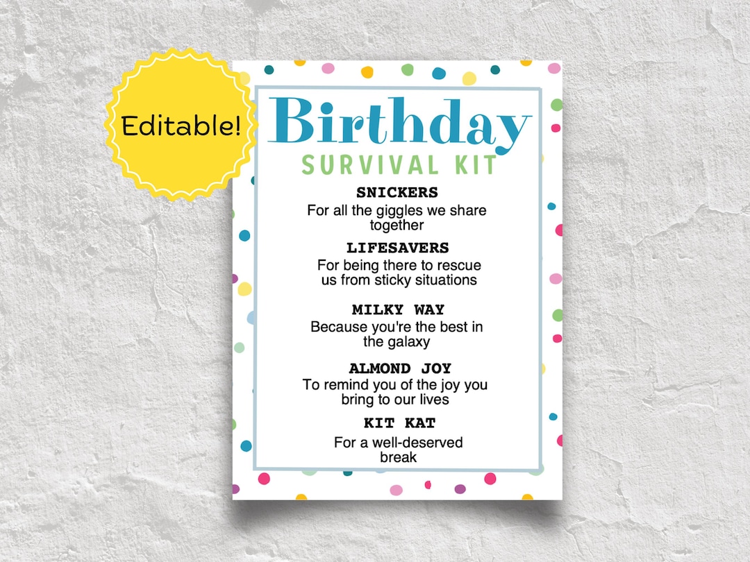 Birthday Survival Kit Gift Tag Editable Printable Survival Kit for ...