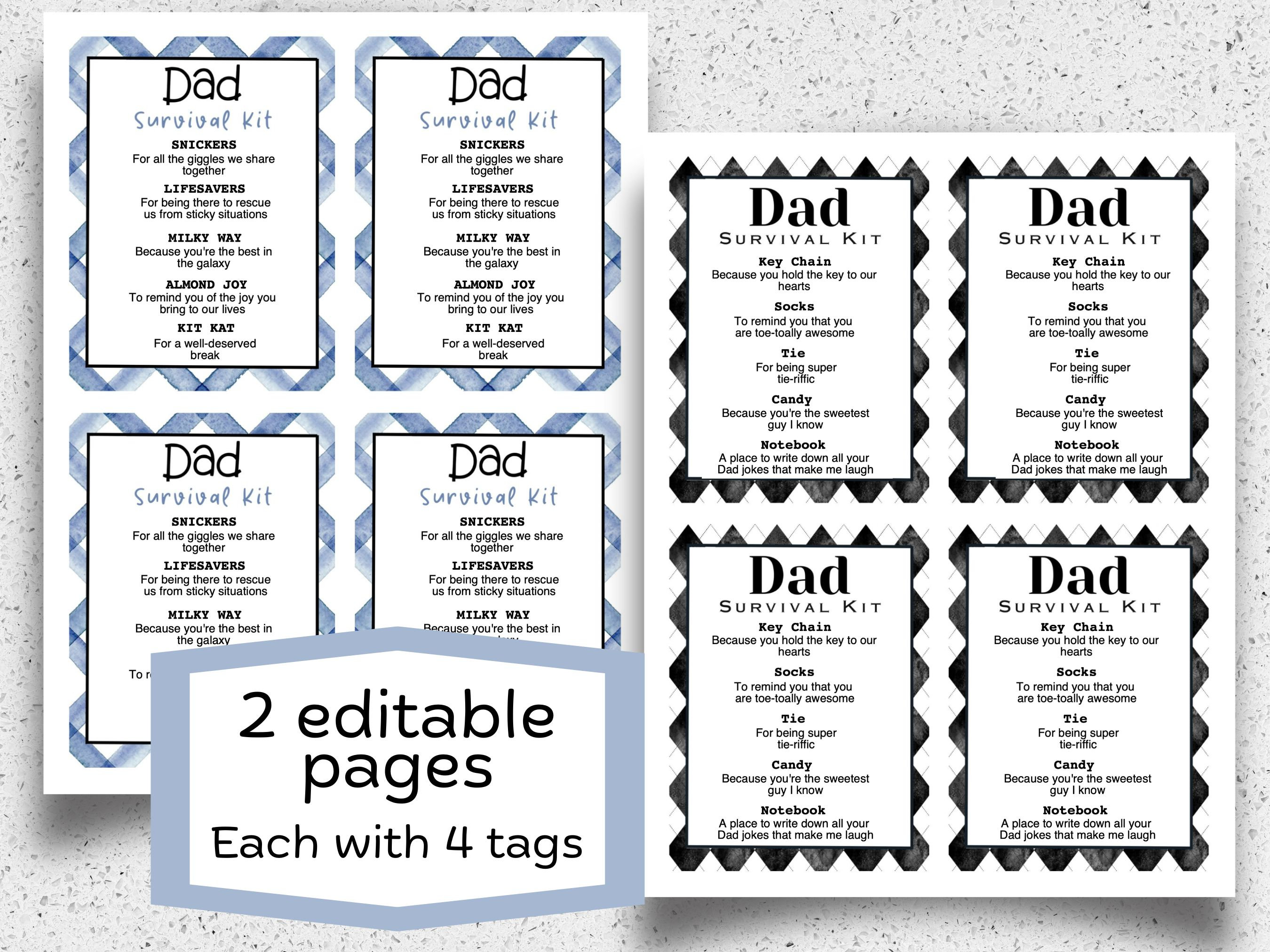 Dad Survival Kit Gift Tag Editable Printable Survival Kit Father Day ...