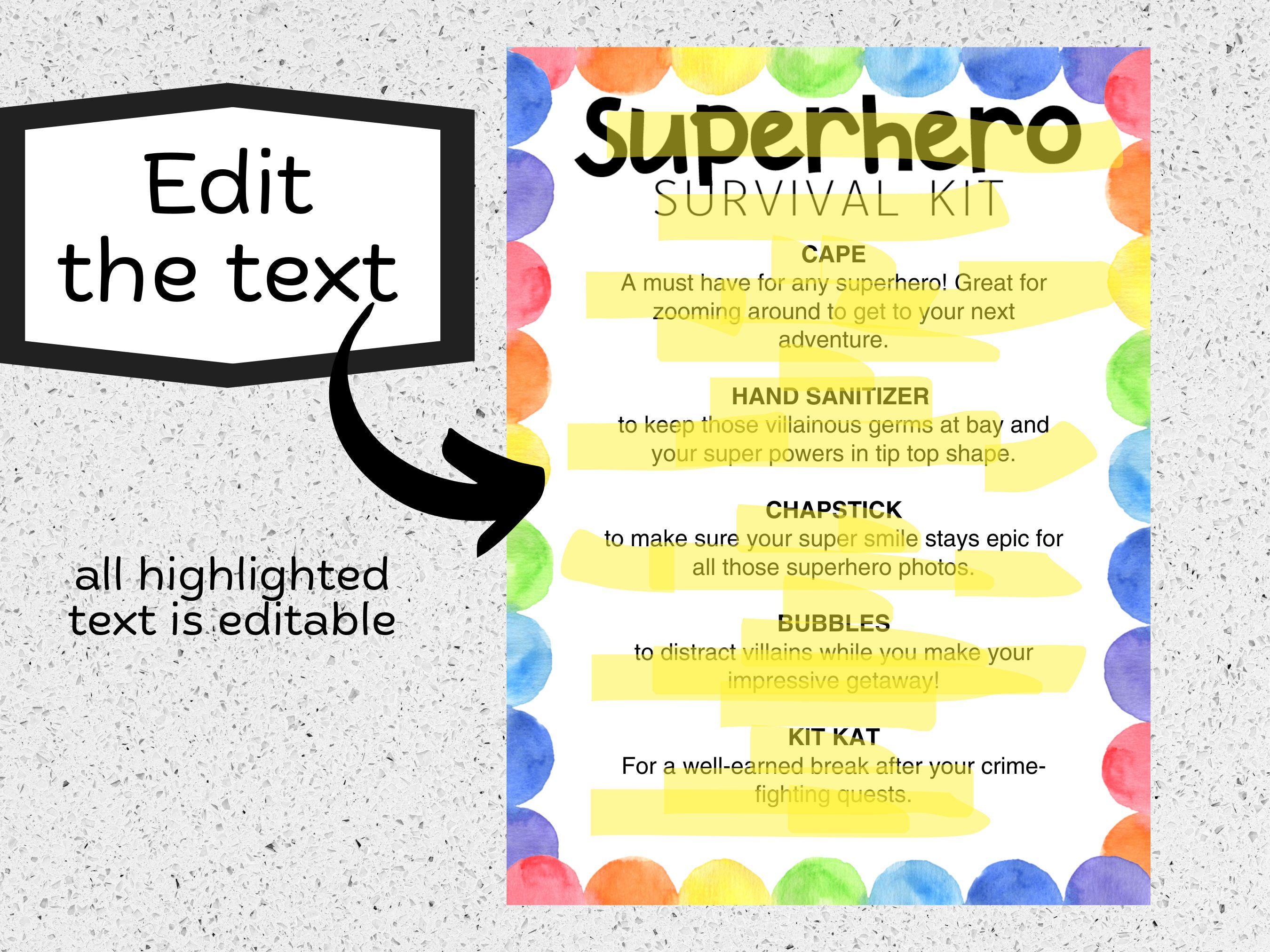 Superhero Survival Kit Tag Printable Superhero Birthday 6 Year Old ...
