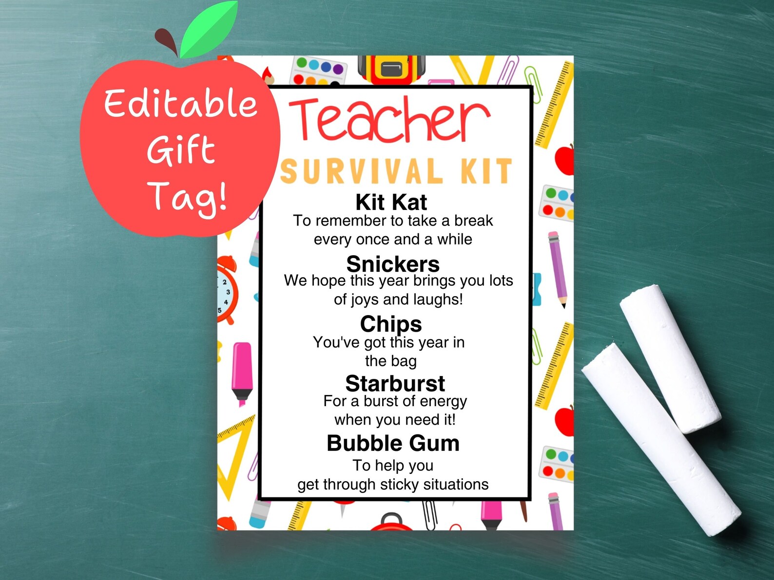 Teacher Survival Kit Printable Gift Basket Tag Back to School Survival ...