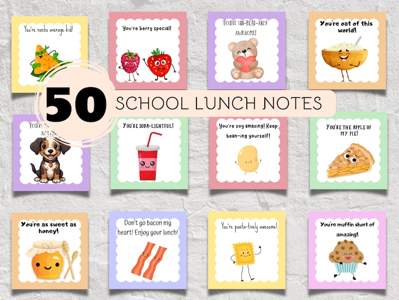 50 Lunch Box Notes School Lunch Note Card Lunch Box Love Note Card ...