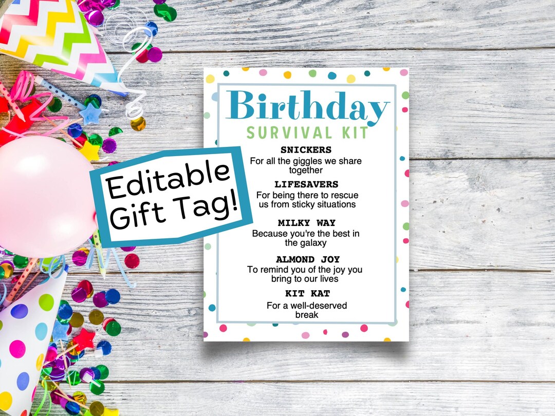 Birthday Survival Kit Gift Tag Editable Printable Survival Kit for ...