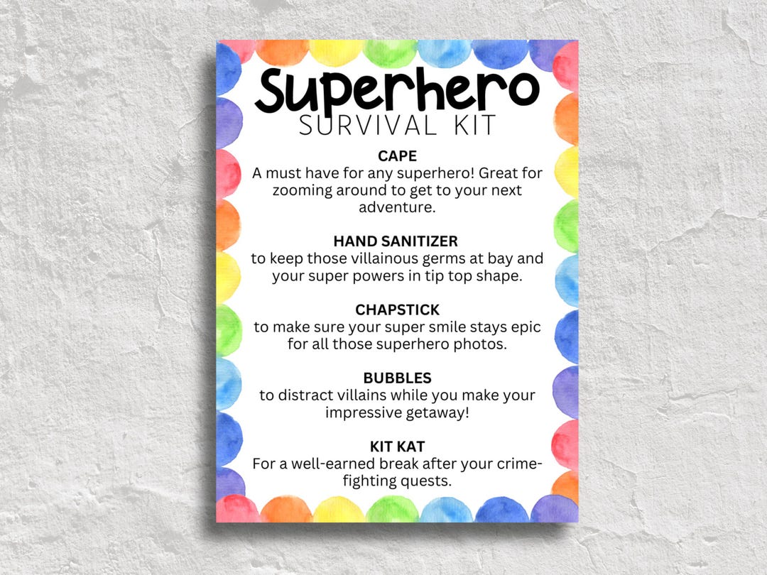 Superhero Survival Kit Tag Printable Superhero Birthday 6 Year Old ...