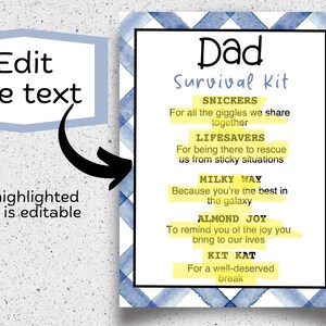 Dad Survival Kit Gift Tag Editable Printable Survival Kit Father Day ...