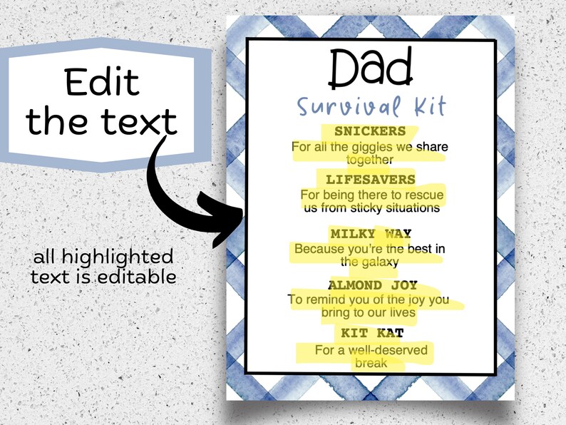 Dad Survival Kit Gift Tag Editable Printable Survival Kit Father Day ...