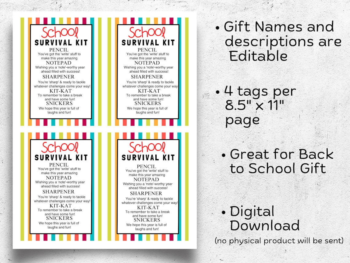 Student Survival Kit Printable Student Gift Basket Tag Printable ...