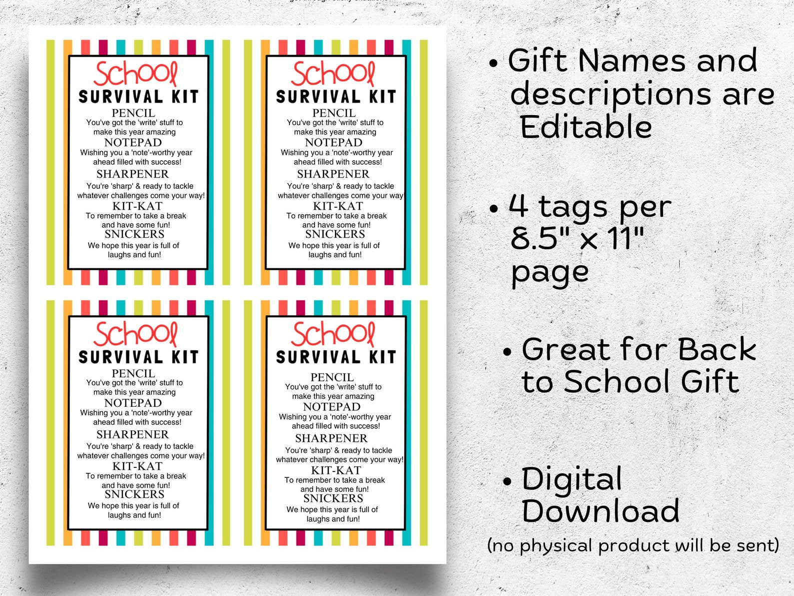 Student Survival Kit Printable Student Gift Basket Tag Printable ...