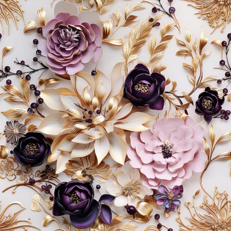 Printable Purple and Gold Floral Design Digital Paper 10 Seamless ...