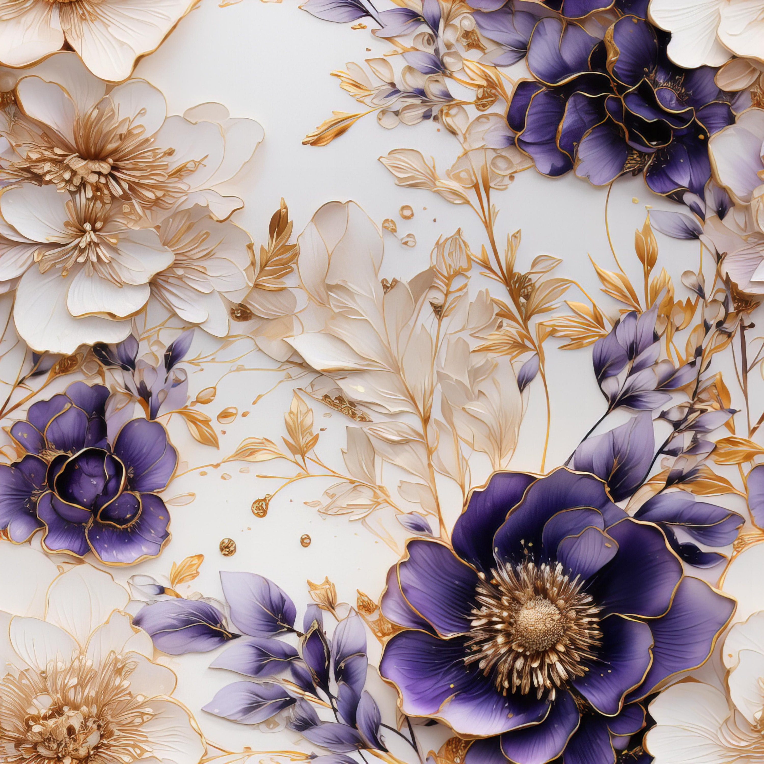 Printable Purple and Gold Floral Design Digital Paper 10 Seamless ...