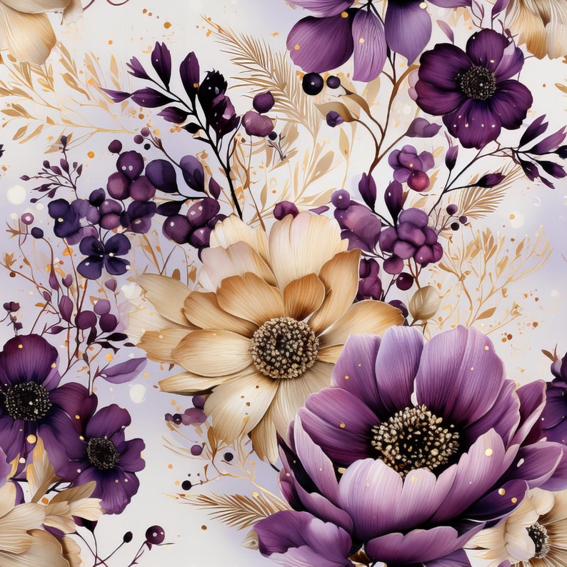 Printable Purple and Gold Floral Design Digital Paper 10 Seamless ...