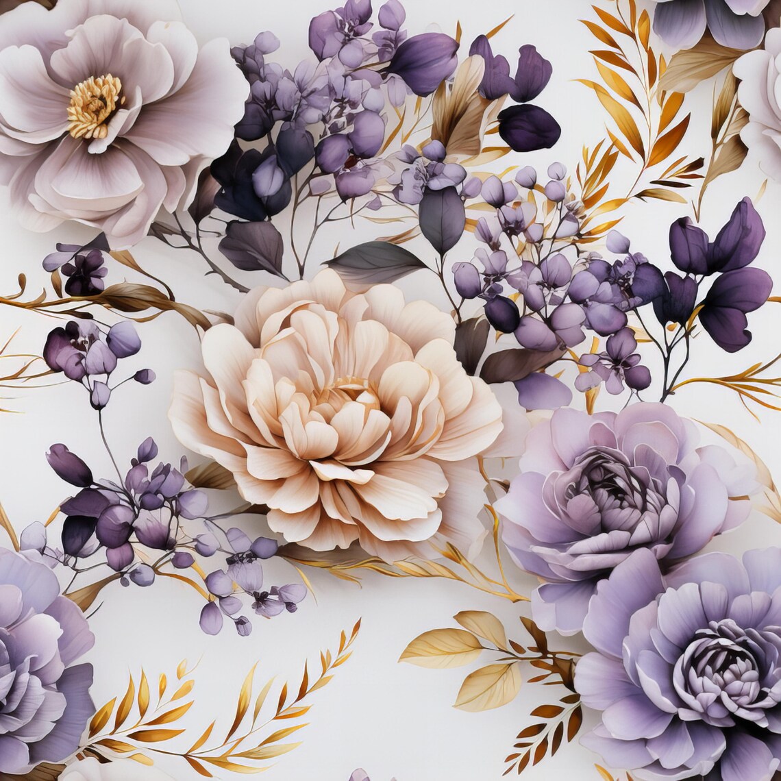 Printable Purple and Gold Floral Design Digital Paper 10 Seamless ...