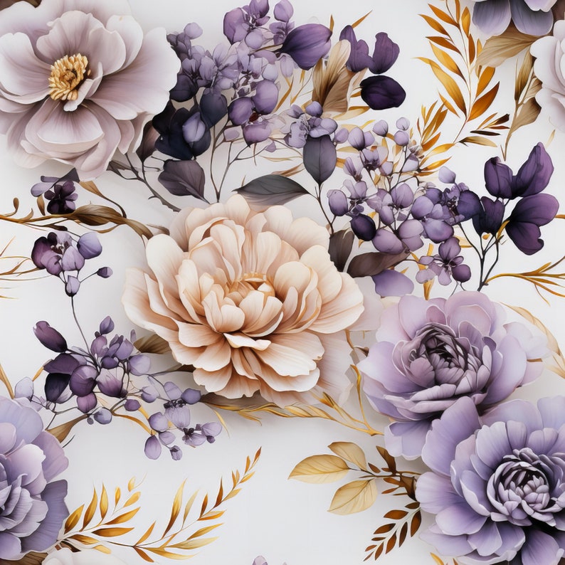 Printable Purple and Gold Floral Design Digital Paper 10 Seamless ...