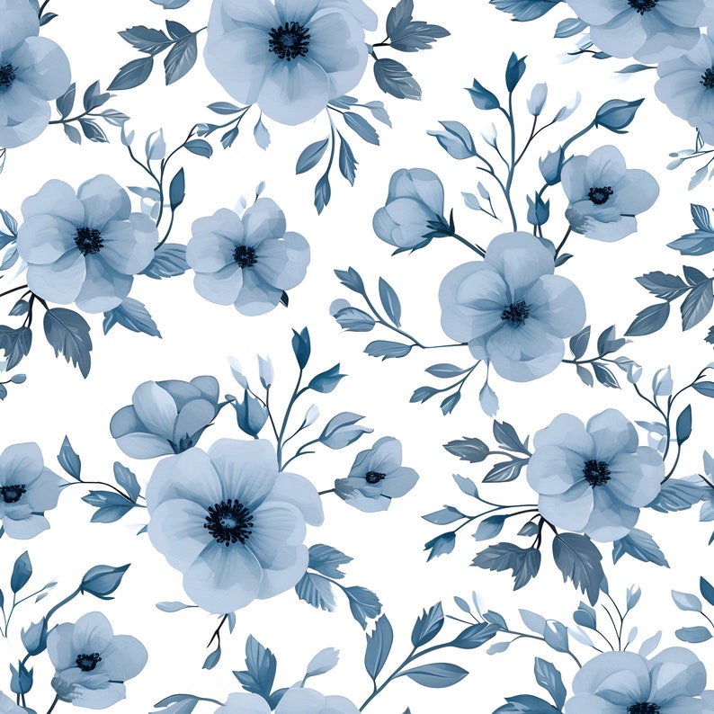 Printable Dusty Blue Floral Digital Paper | 8 Seamless Floral Patterns ...