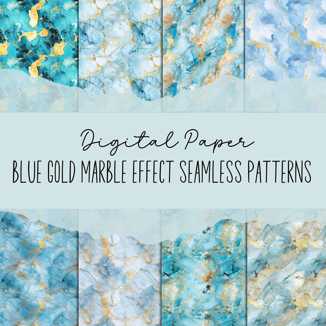 Printable Blue and Gold Marble Effect Digital Paper 8 Seamless Patterns ...