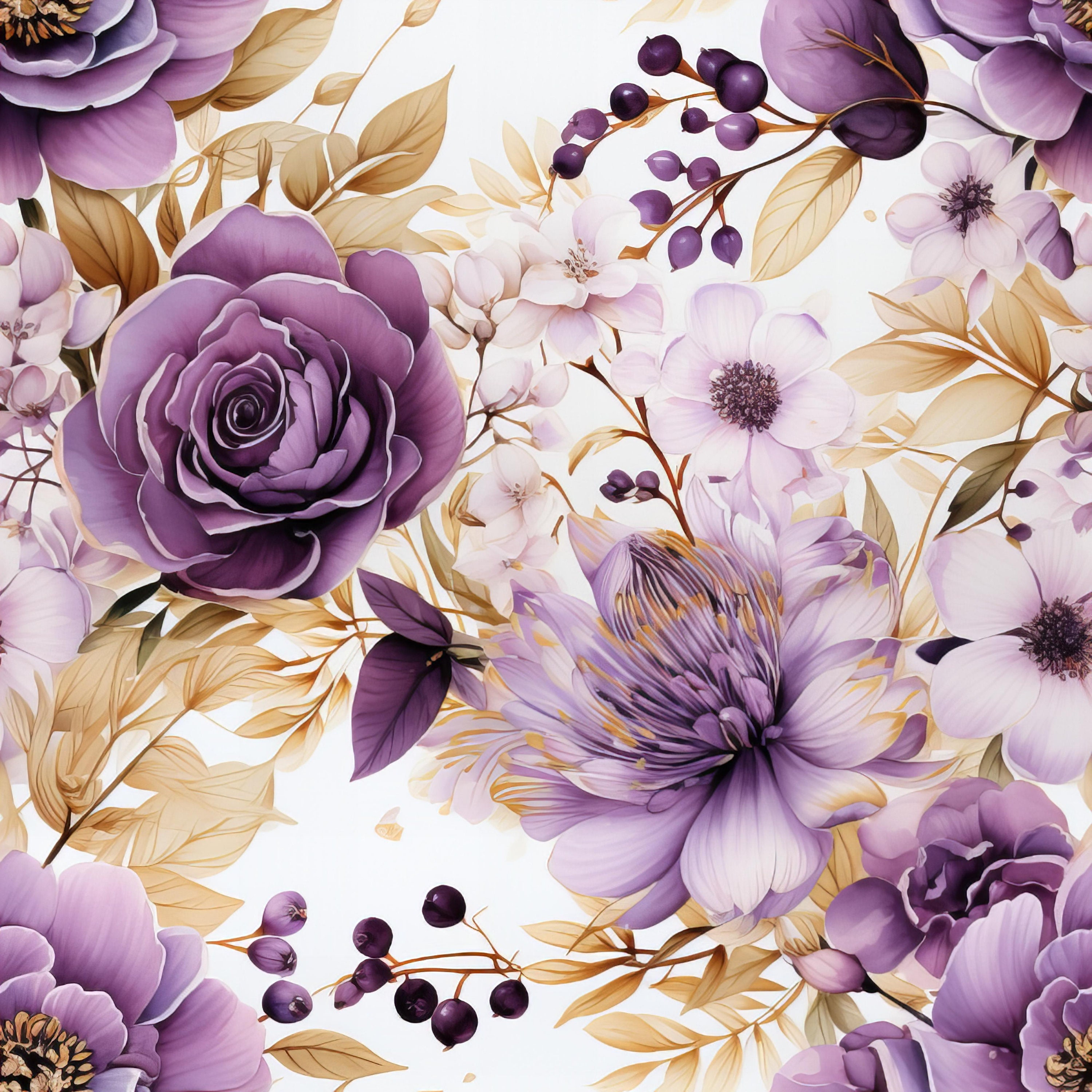 Printable Purple and Gold Floral Design Digital Paper 10 Seamless ...